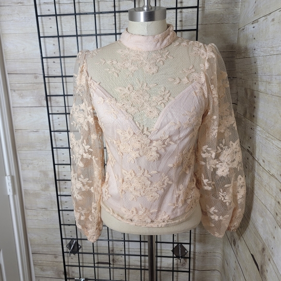 peach. | Tops | Puffy Sleeve Sheer Lace Top Color Peach | Poshmark